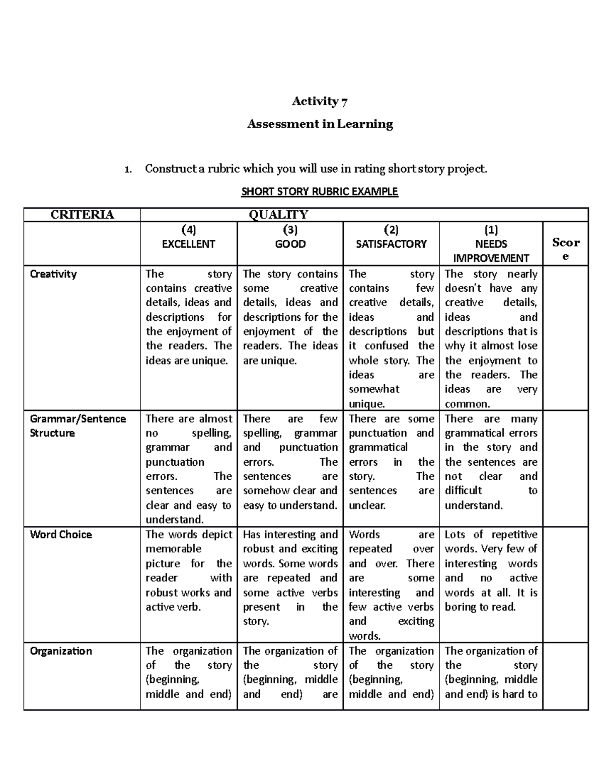 Assessment in Learning - Activity 7 Assessment in Learning Construct a ...
