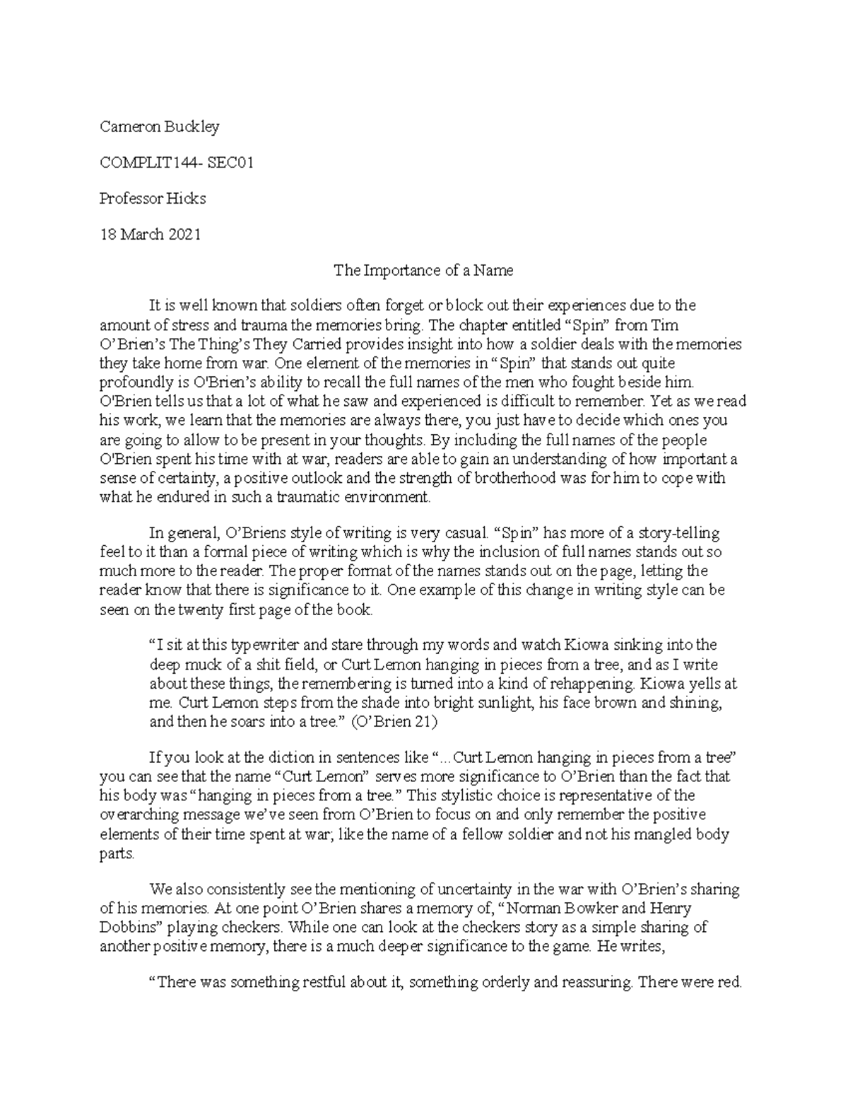 Second Writing Assignment - Cameron Buckley COMPLIT144- SEC Professor ...