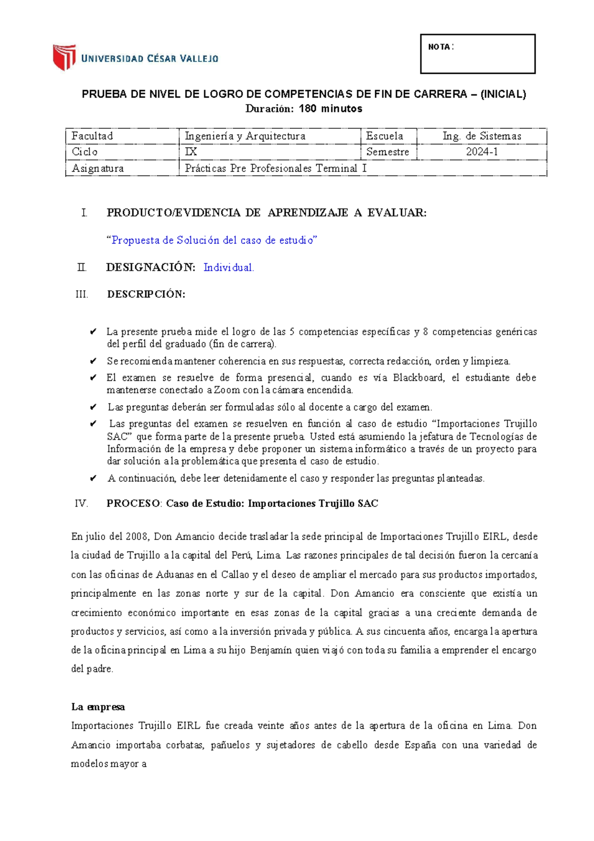 Examen+PLC+IV+ Nivel+2024-1+9no+Plan+C+(Entrada) - PRUEBA DE NIVEL DE LOGRO DE COMPETENCIAS DE ...