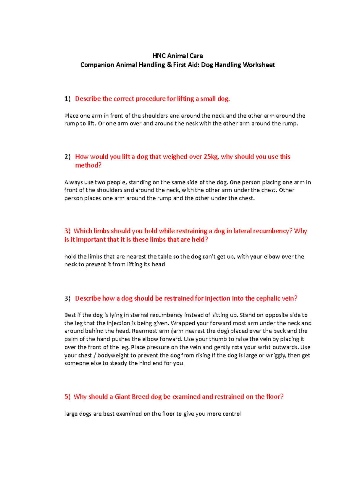 First aid- dog handling worksheet docx - HNC Animal Care Companion ...