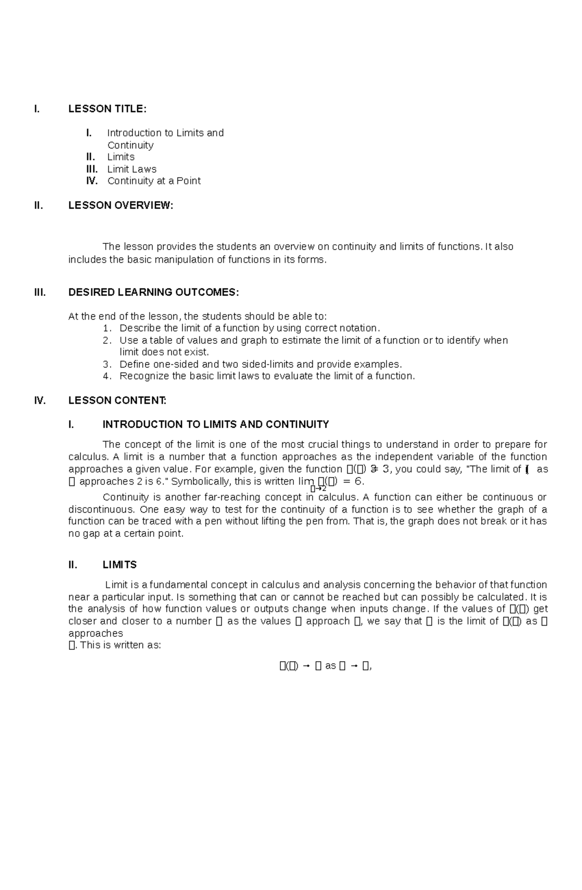 IM2 Math1A 1S 2021 2021 Week 4 5 - I. LESSON TITLE: I. Introduction to Limits and Continuity II ...
