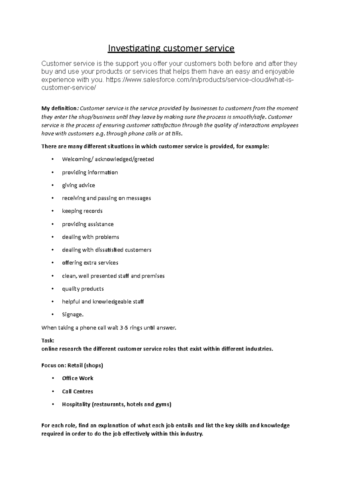 Customer Service Notes - Investigating customer service Customer ...