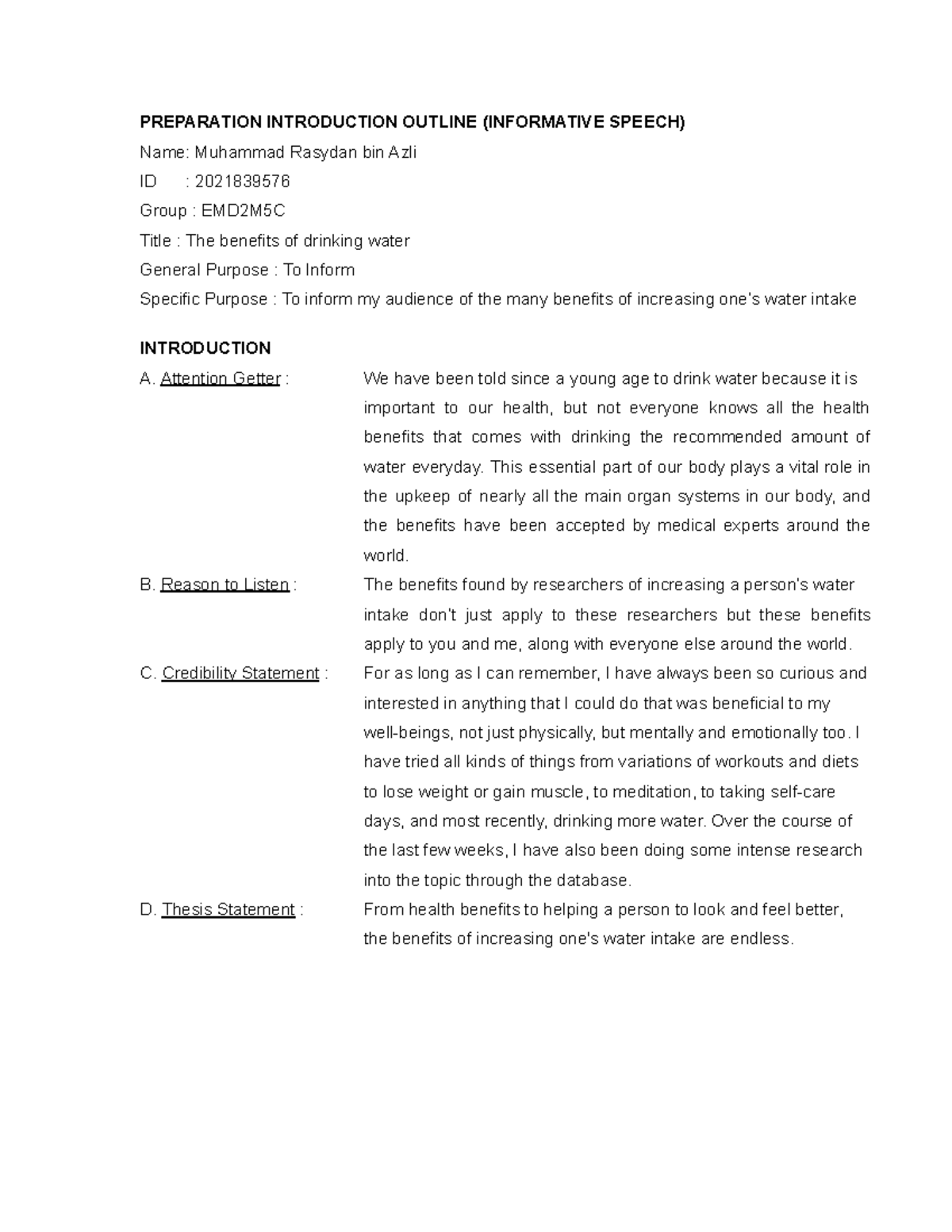 Rasydan ELCT 1 - outline intro - PREPARATION INTRODUCTION OUTLINE ...