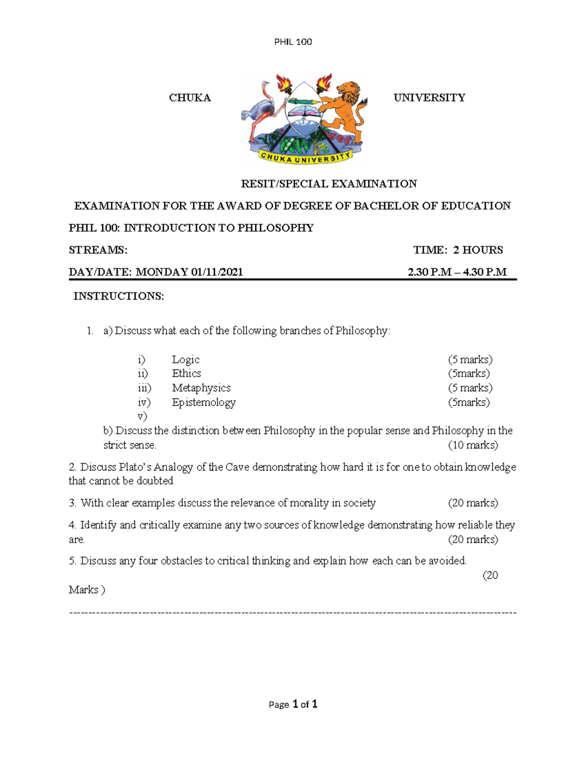 Introduction to philosophy - PHIL 100 CHUKA UNIVERSITY RESIT/SPECIAL ...