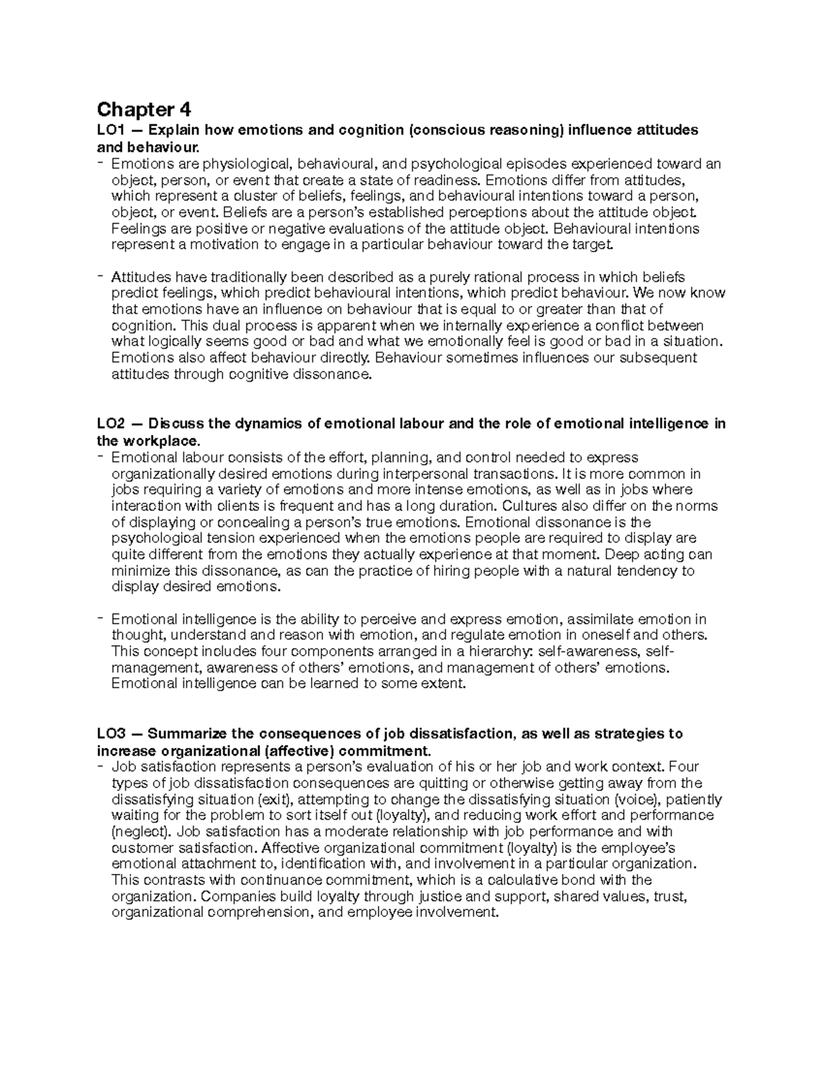 GMGT 2070 - Chapter summary 4 - Chapter 4 LO1 — Explain how emotions and cognition (conscious ...