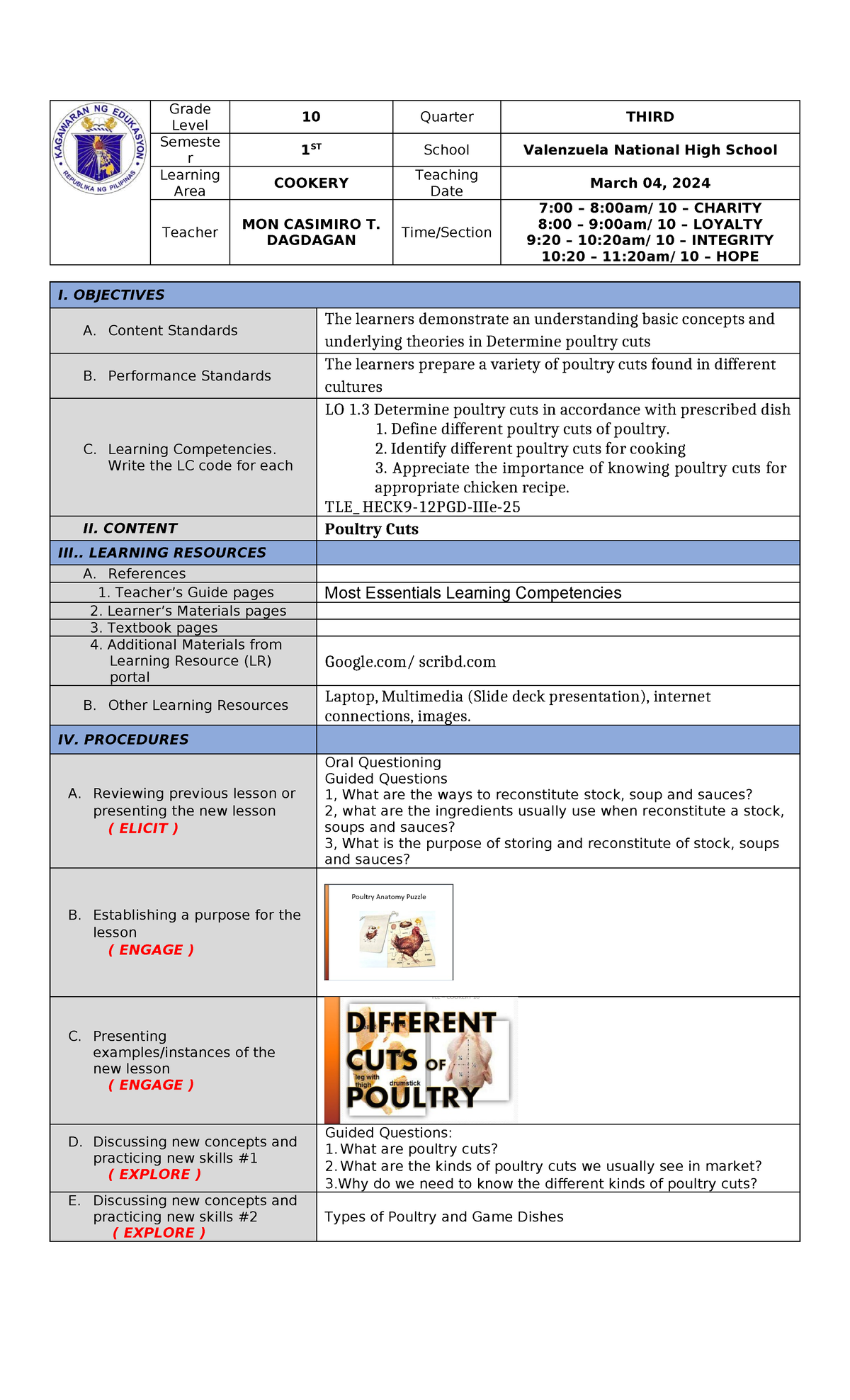 Mar 4-Poultry Cuts - Grade Level 10 Quarter THIRD Semeste r 1 ST School ...