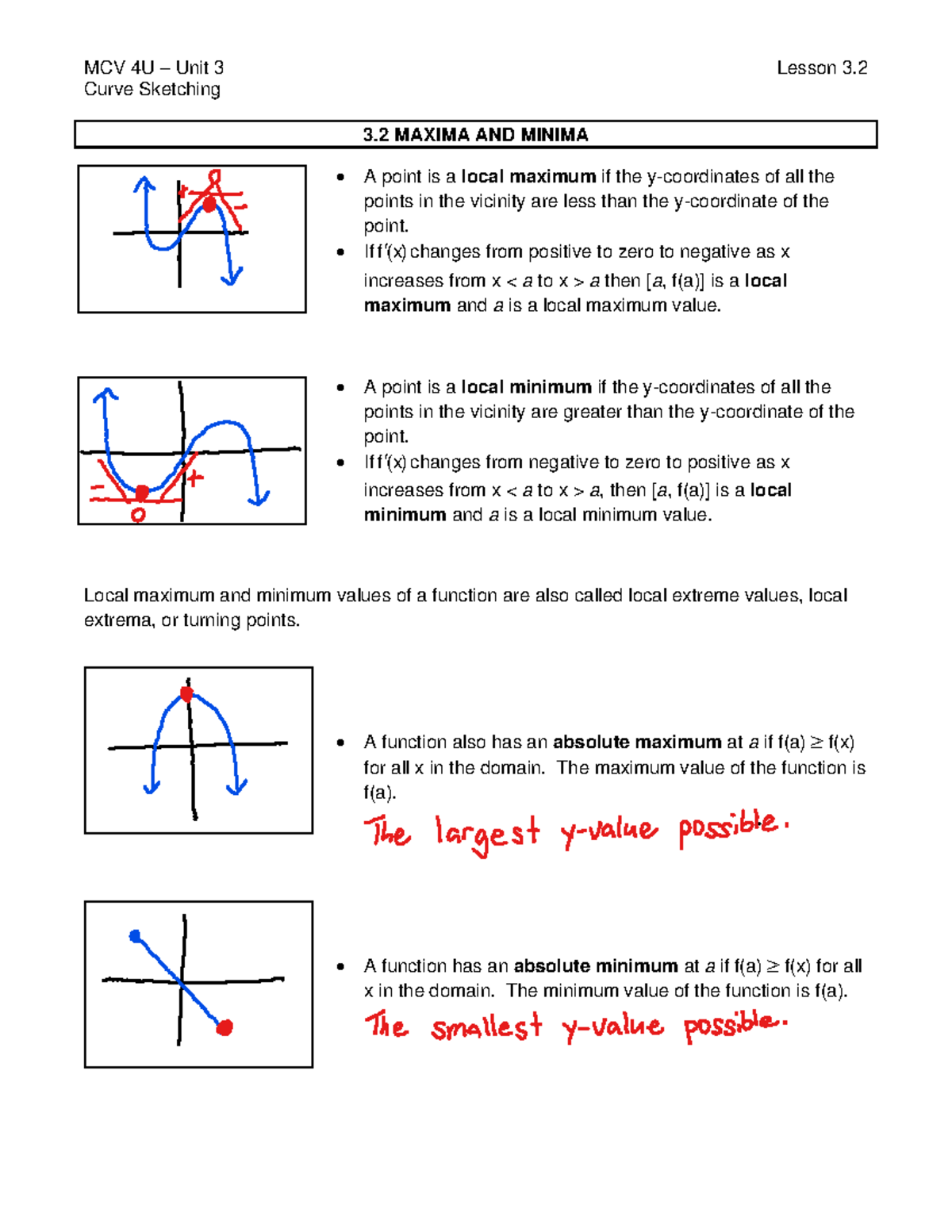 3.2 Maxima and Minima Complete - MCV 4U – Unit 3 Lesson 3. Curve Sketching 3 MAXIMA AND MINIMA A ...