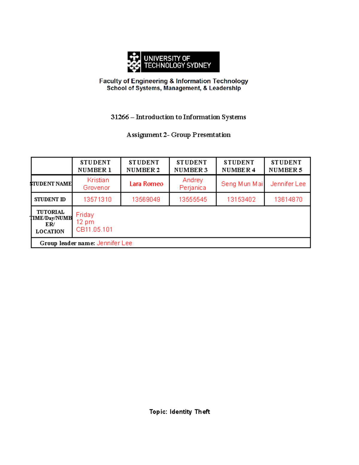 Assessment TASK 3 - 31266 – Introduction to Information Systems Assignment 2- Group Presentation ...
