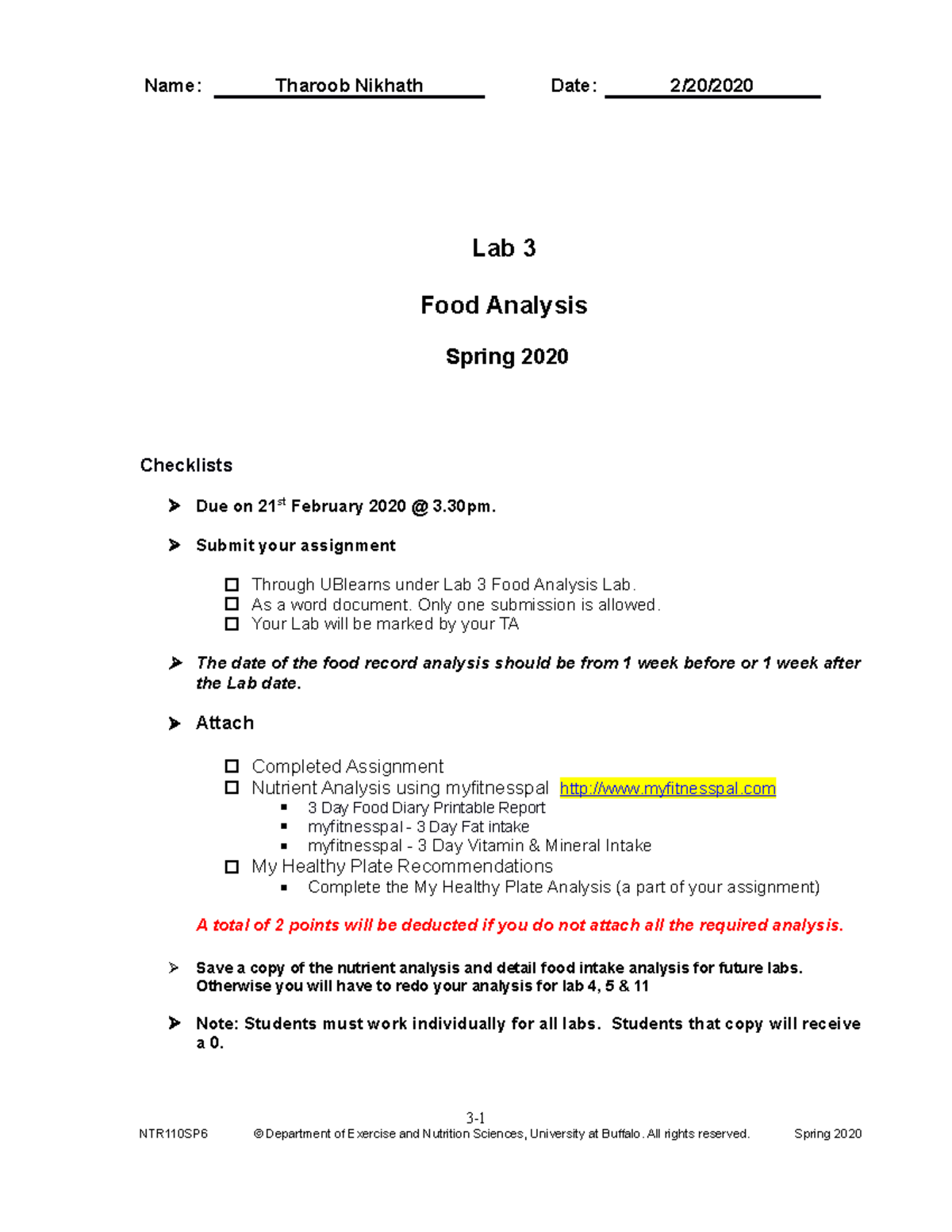 Lab 3 - Food Analysis Lab Spring 2020 - Lab 3 Food Analysis Spring 2020 ...