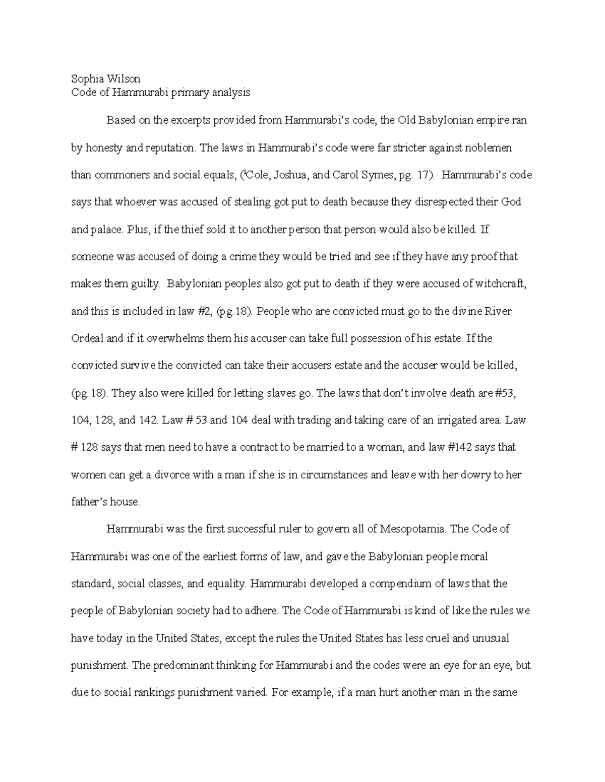 Code of Hammurabi - Primary Source - Sophia Wilson Code of Hammurabi ...