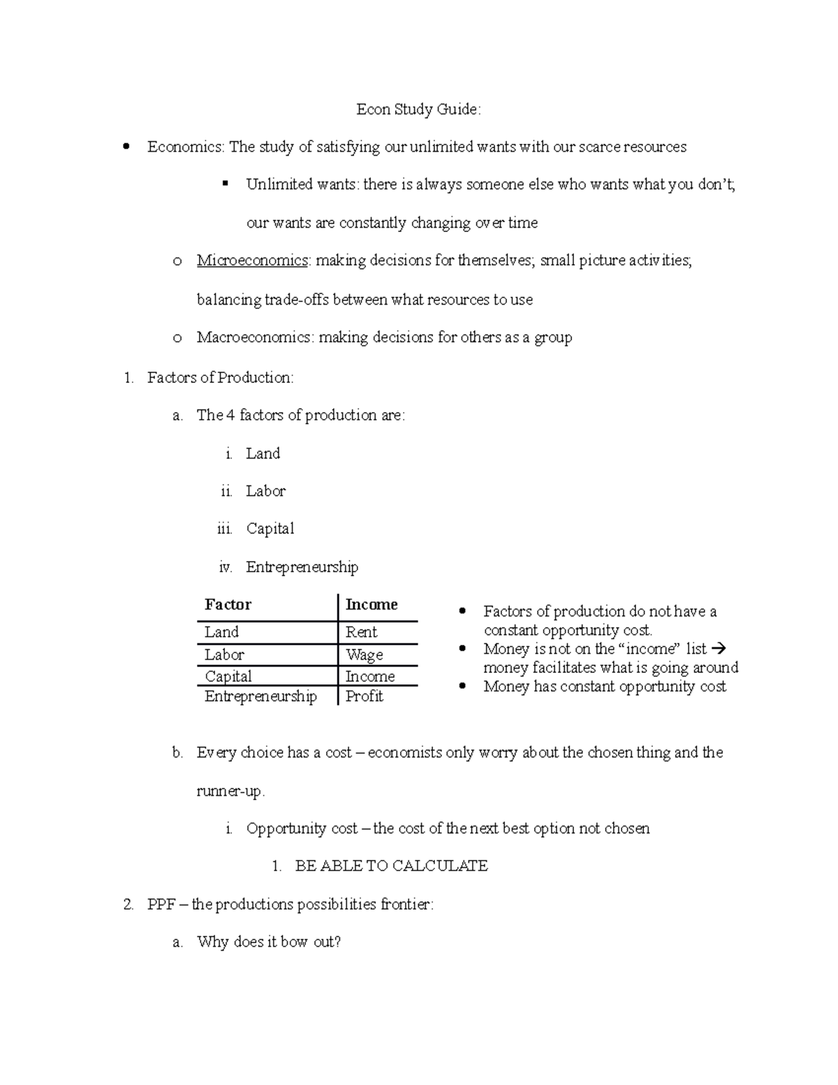 Econ Exam 1 Study Guide - Includes topics such as the factors of ...