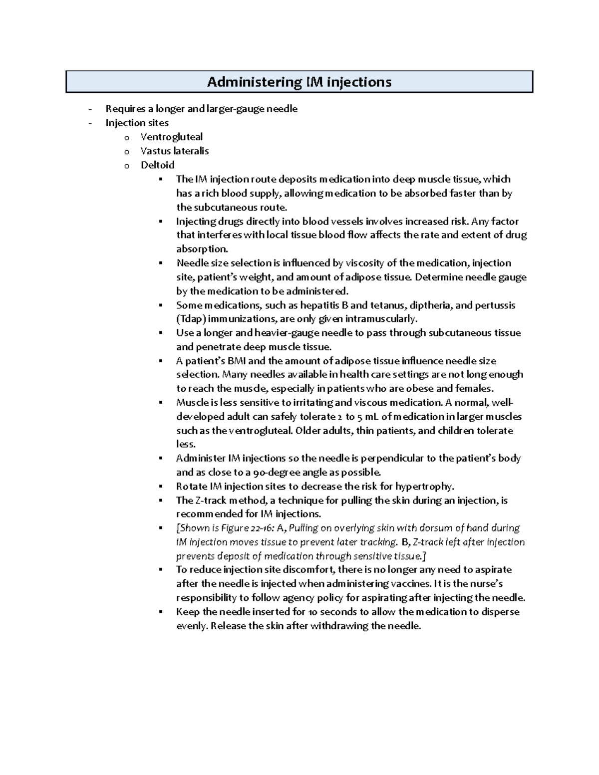 NUR- IM - In depth lecture notes on administration of IM injections ...