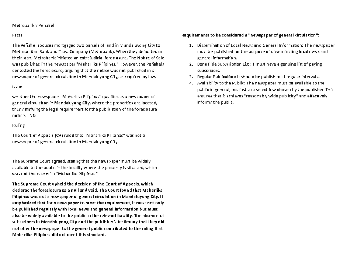 Pfr - pfr sub - Metrobank v Penafiel Facts The Peñafiel spouses mortgaged two parcels of land in ...