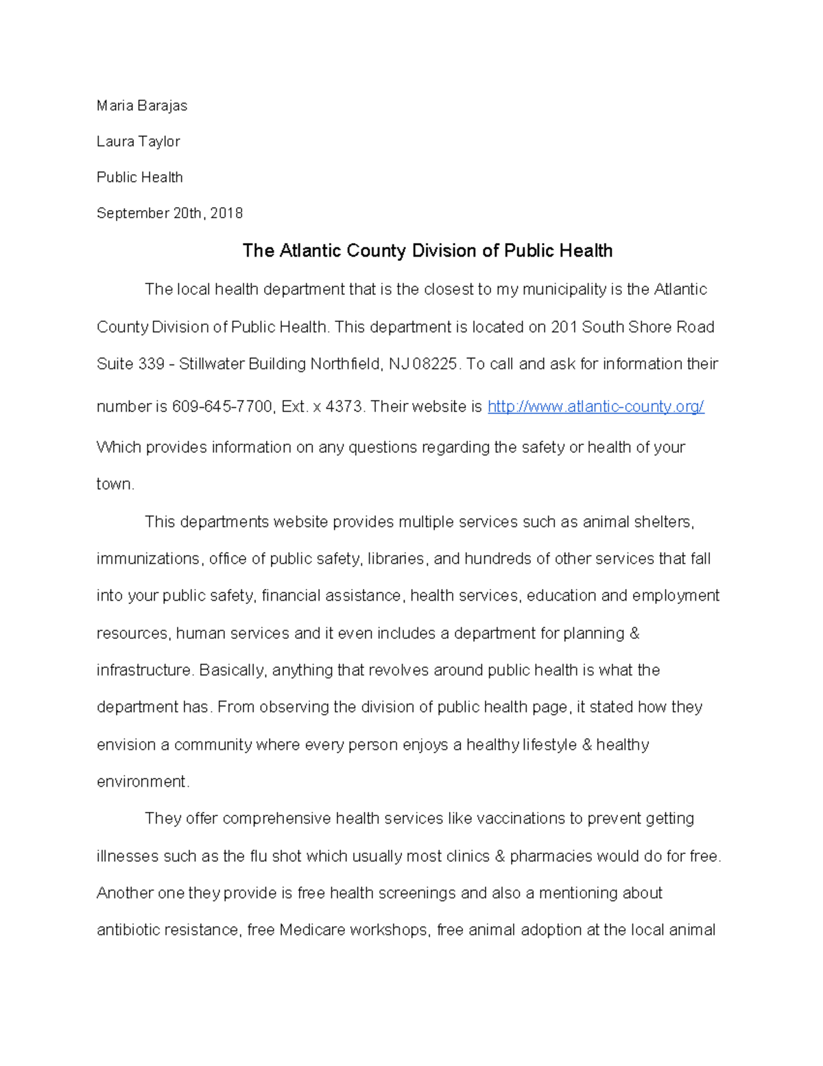 Public health department paper - Maria Barajas Laura Taylor Public ...