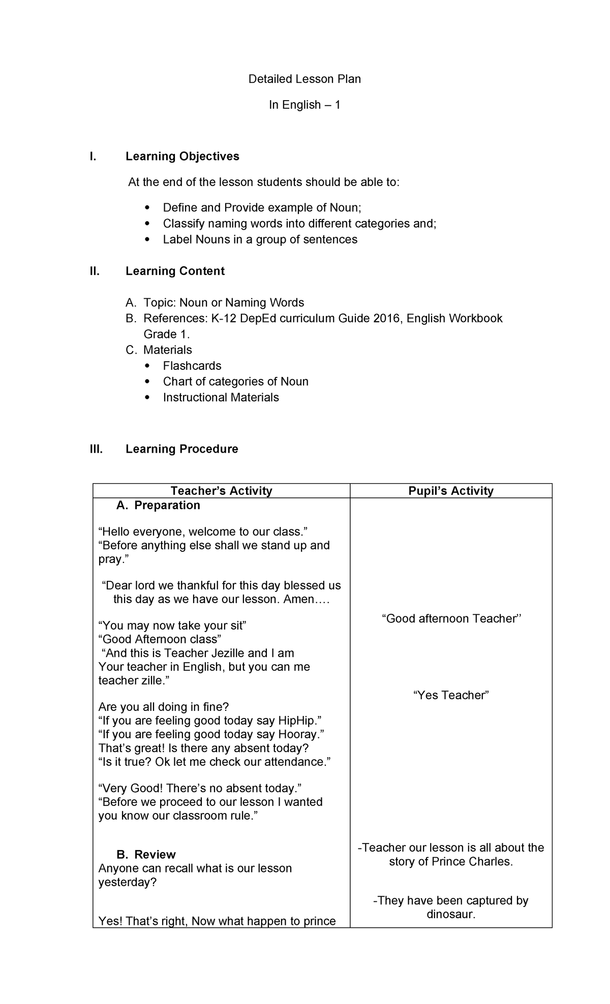 Detailed lesson plan grade 1 - Detailed Lesson Plan In English – 1 I ...