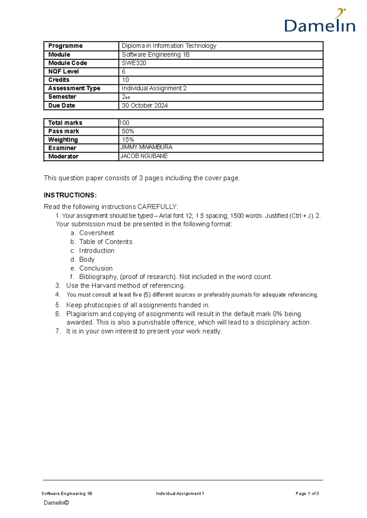 SWE 1B Individual Assignment 2 2024 - Programme Diploma in Information Technology Module ...