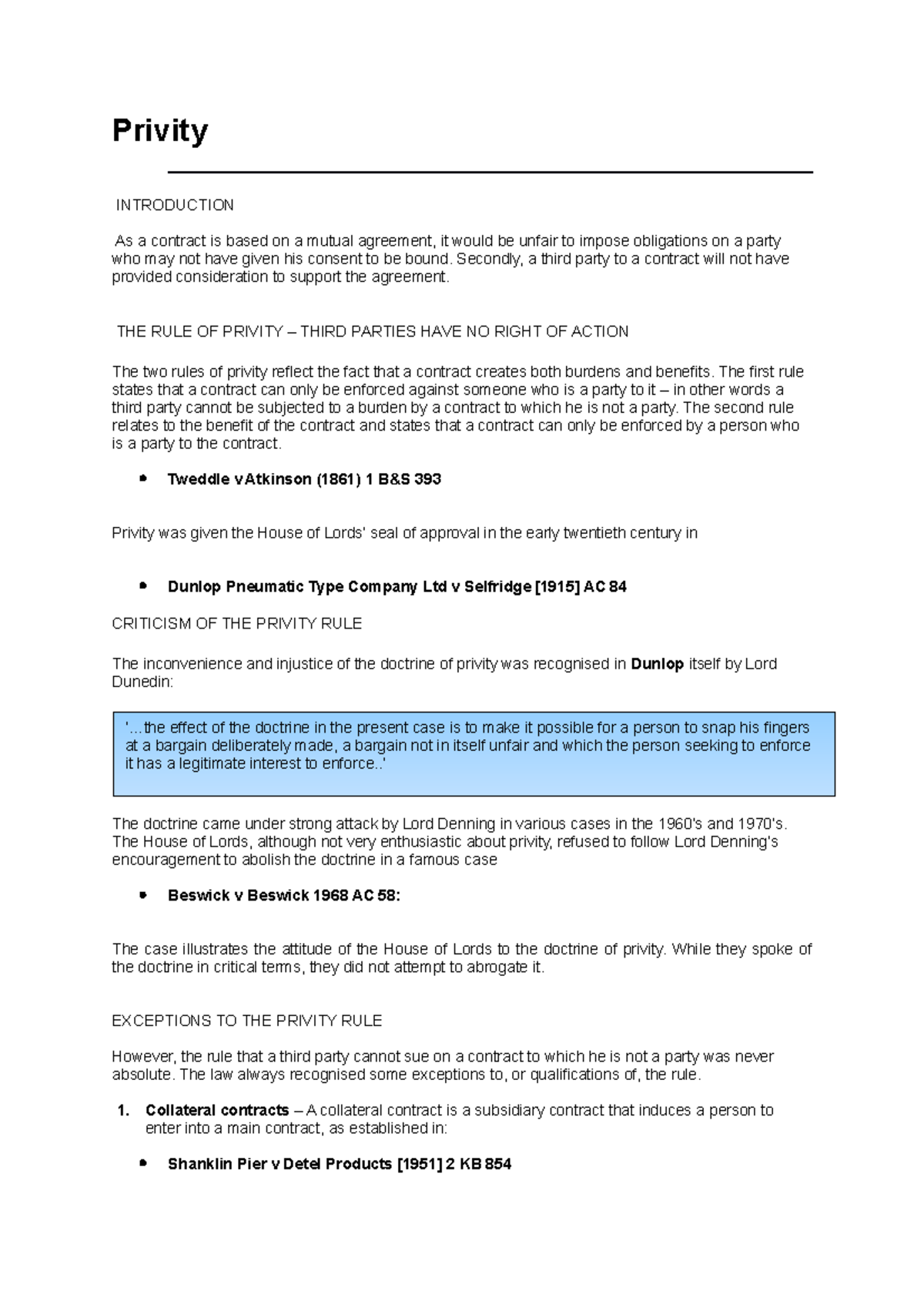 Privity - Privity INTRODUCTION As a contract is based on a mutual ...