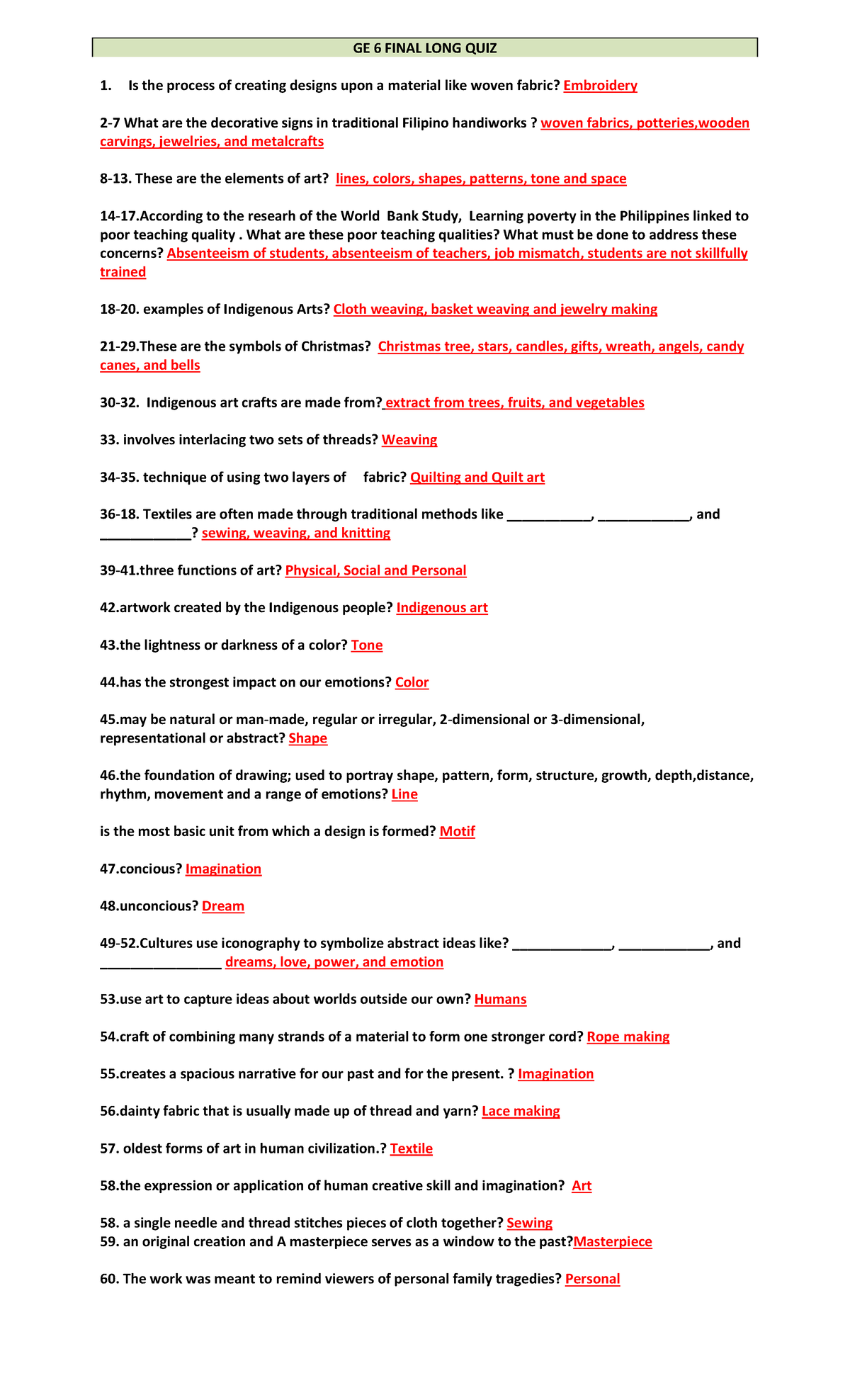 GE 6 Final LONG QUIZ - ........................ - GE 6 FINAL LONG QUIZ ...