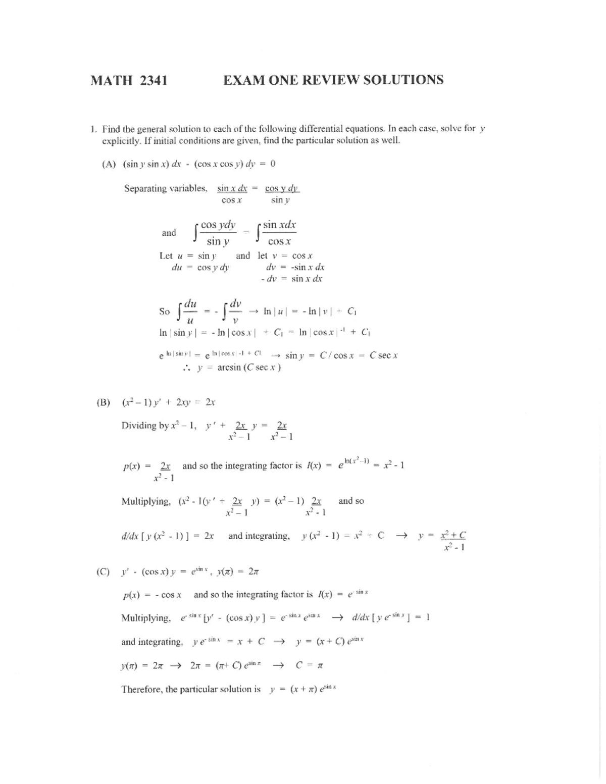Exam1Review Solutions - MATH 2341 - Studocu