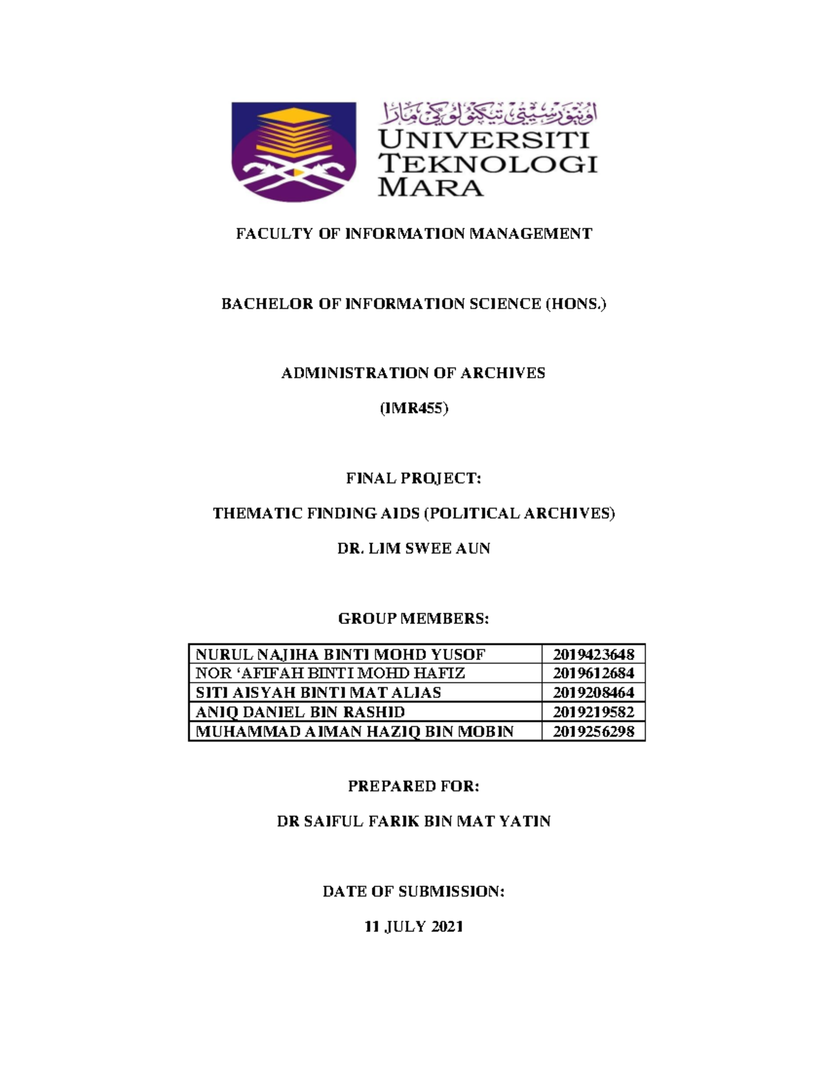 IMR455 DR LIM SWEE AUN ELEC C - Administrations of Archives - UiTM ...