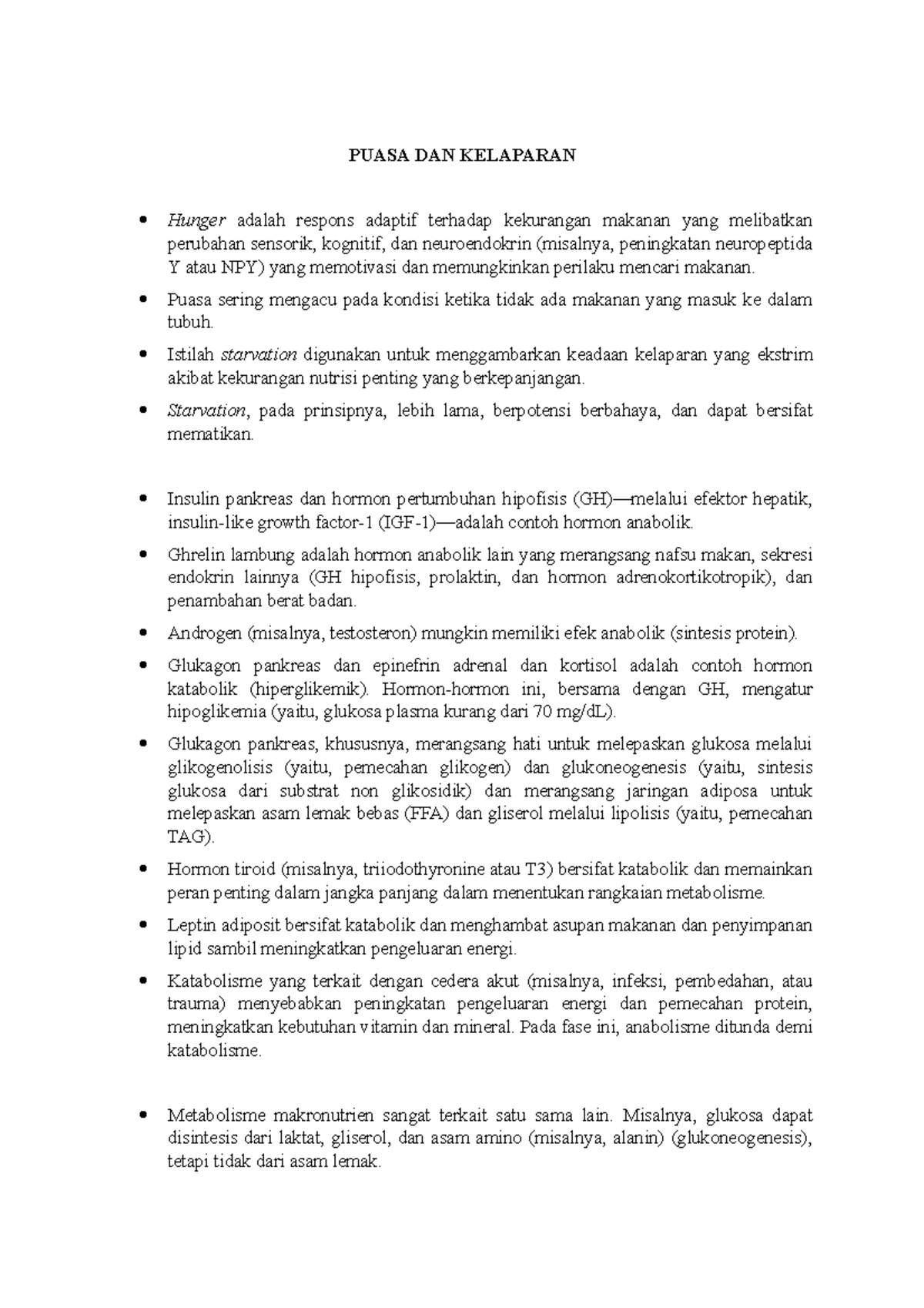 Puasa dan Kelaparan - PUASA DAN KELAPARAN Hunger adalah respons adaptif ...