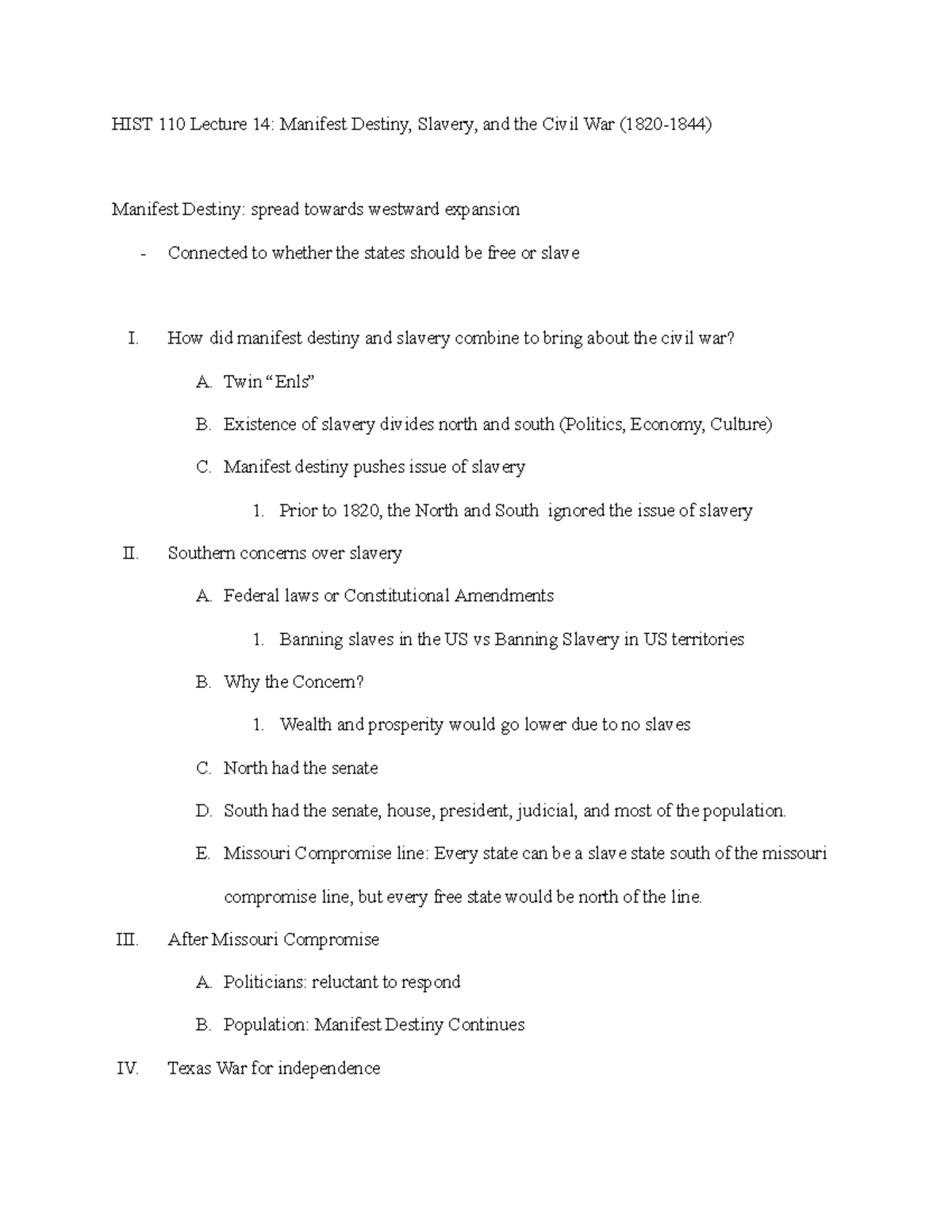 HIST 110 Lecture 14 Manifest Destiny, Slavery, and the Civil War (1820 ...