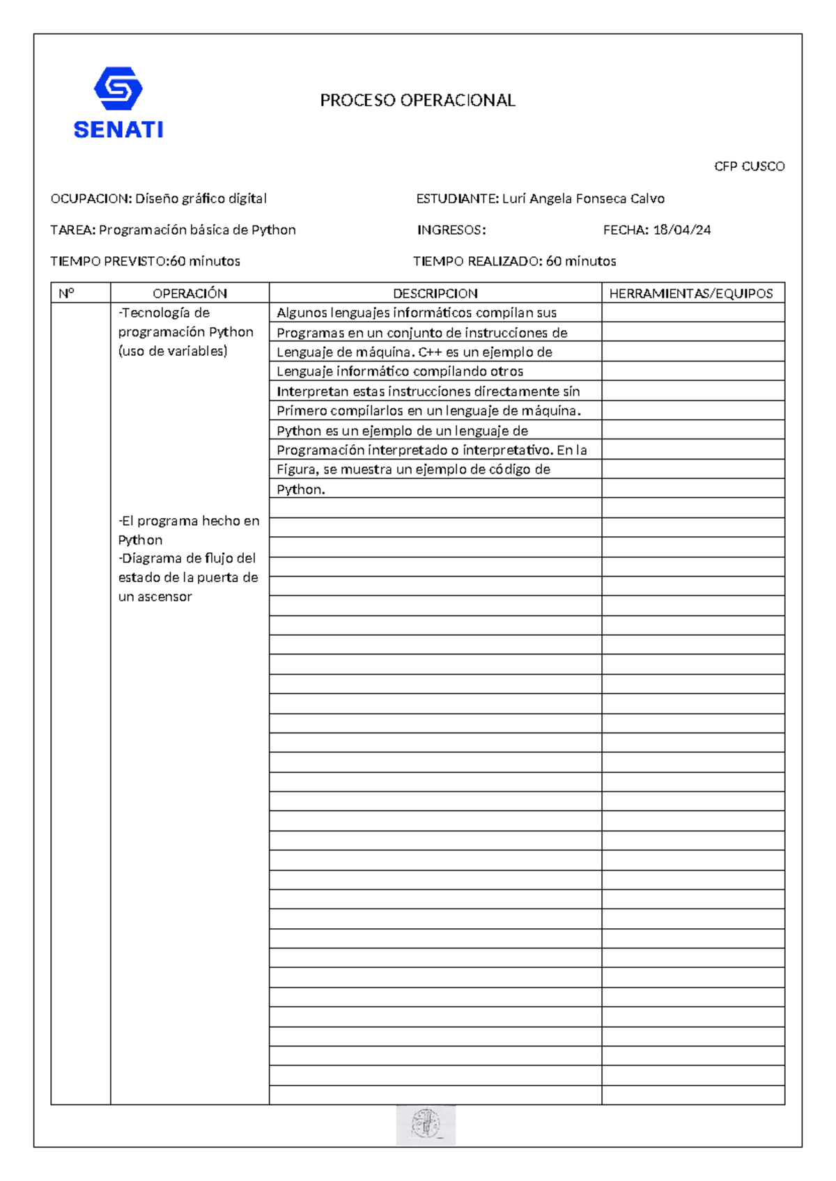Proceso operacional 2 - PROCESO OPERACIONAL CFP CUSCO OCUPACION: Diseño ...