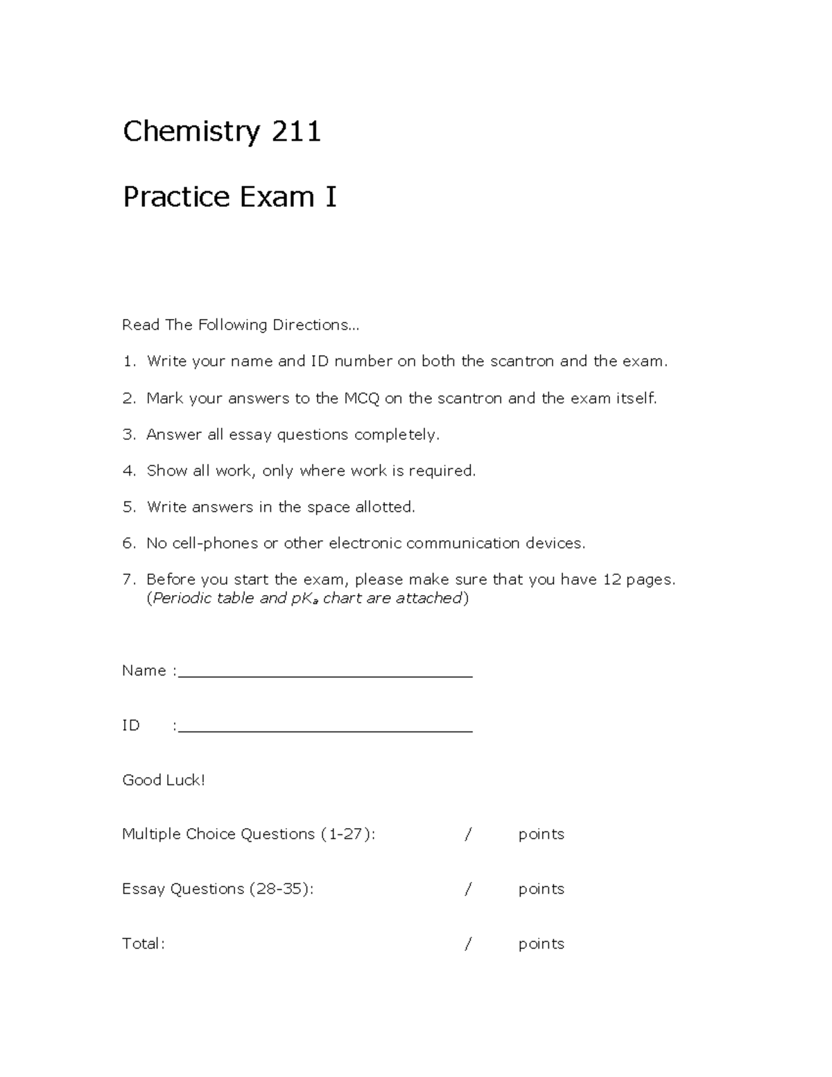 Practice Exam 1 - Chemistry 211 Practice Exam I Read The Following ...