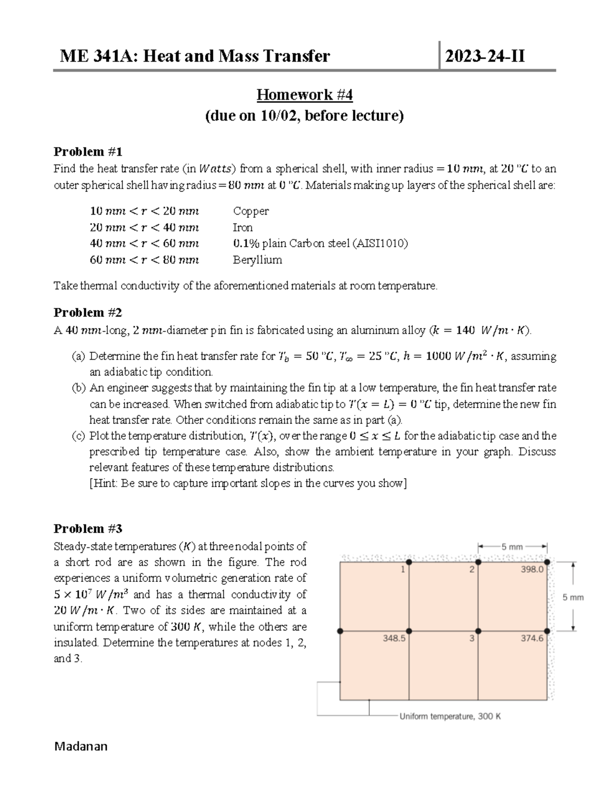 Homework 4 - practice problem solving - ME 341A: Heat and Mass Transfer ...