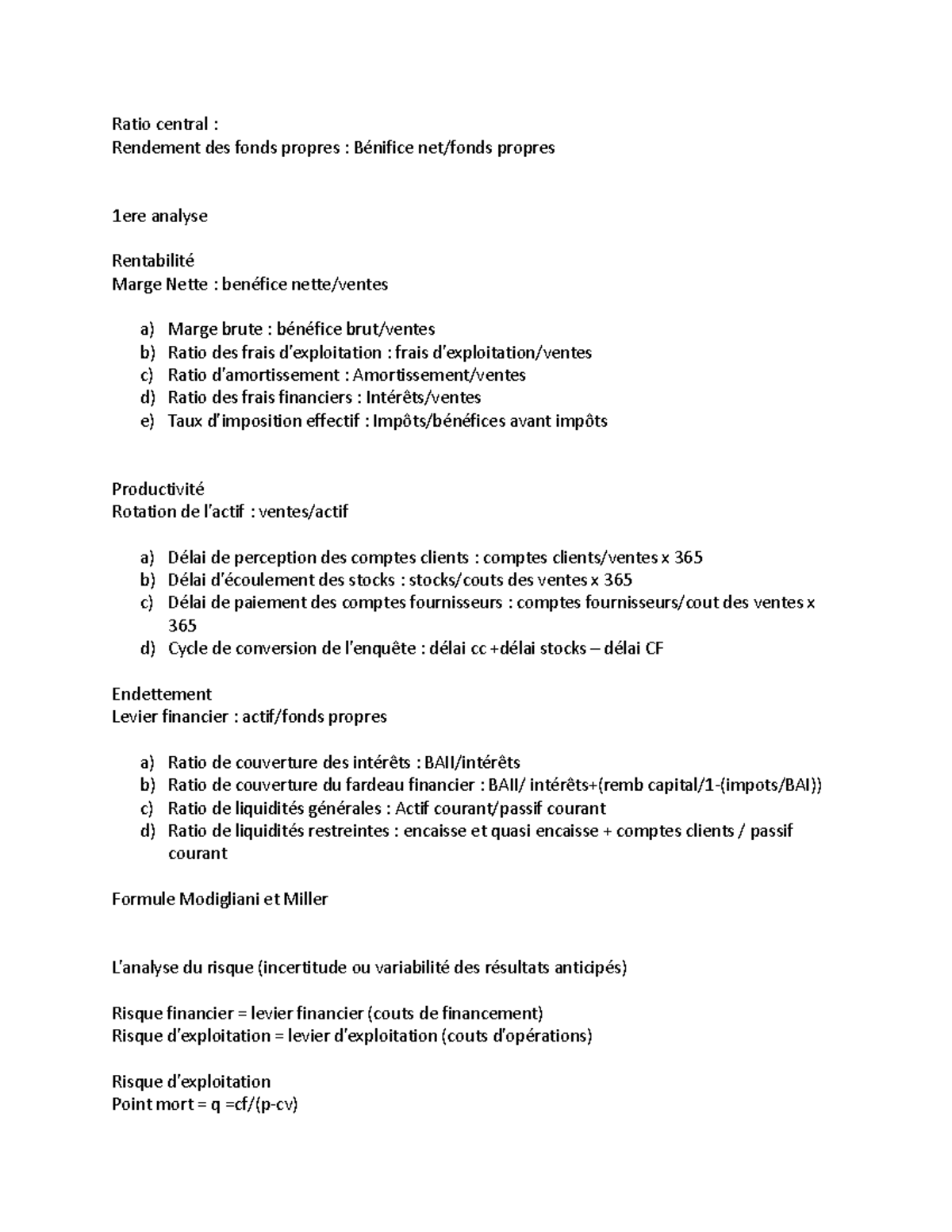 Étude de diagnostique financier - Ratio central : Rendement des fonds ...