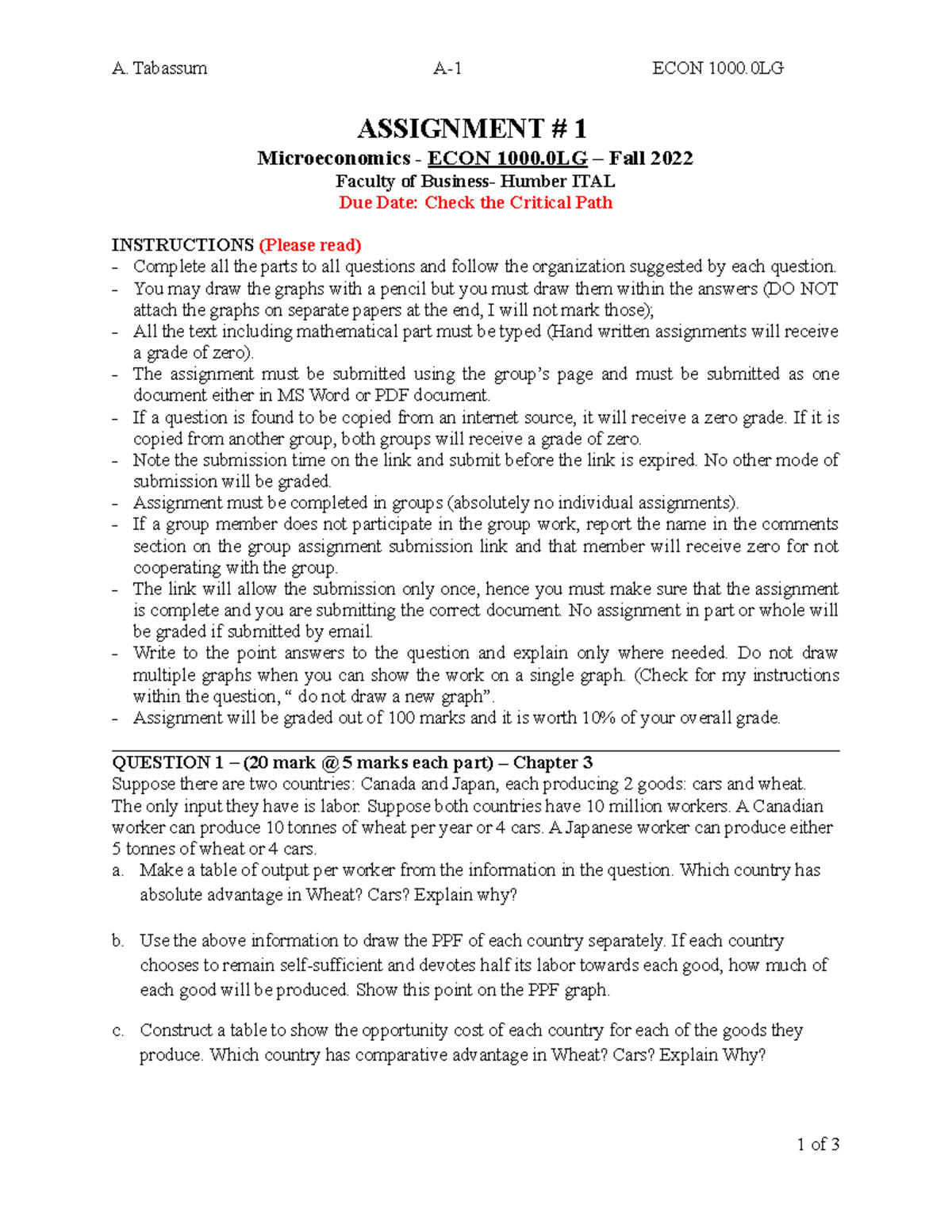 Assignment 1-ECON 1000.0LG-Fall 2022 - A. Tabassum A-1 ECON 1000 ASSIGNMENT # 1 Microeconomics ...