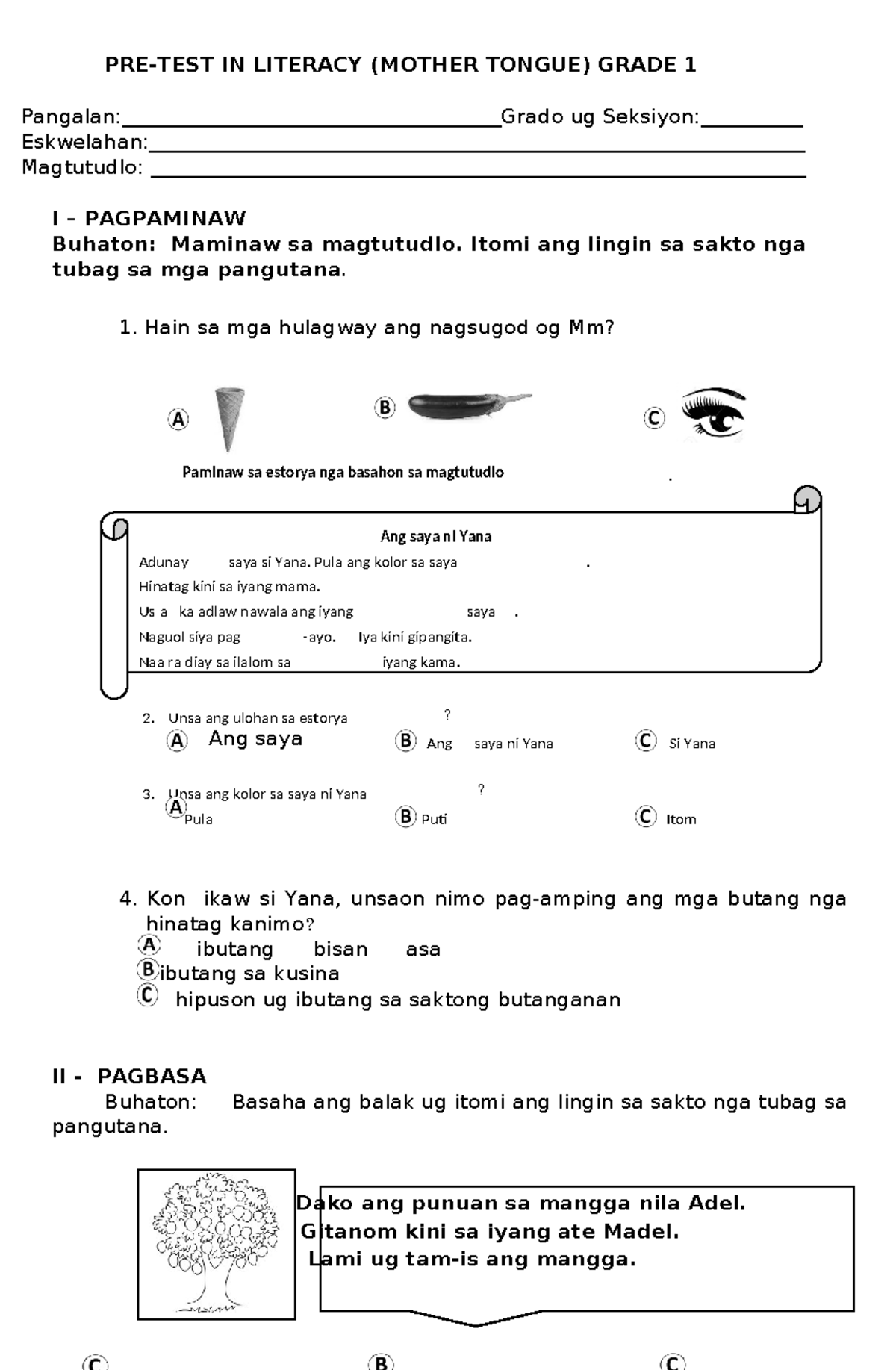PRE-TEST IN Literacy (For validation) - PRE-TEST IN LITERACY (MOTHER ...