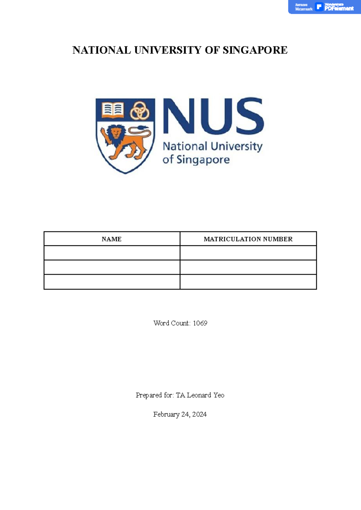 School going child - NATIONAL UNIVERSITY OF SINGAPORE NAME ...