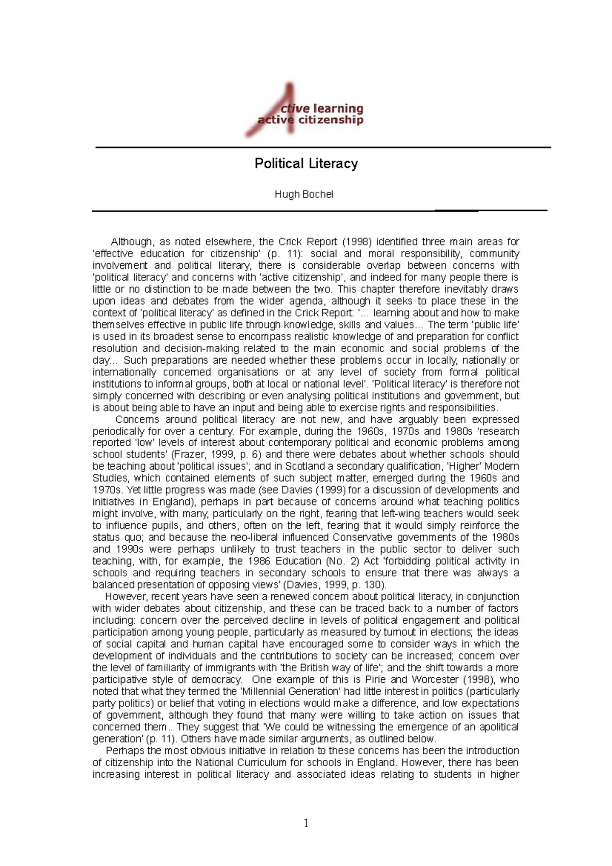 Bochel Political literacy. - Political Literacy Hugh Bochel Although ...