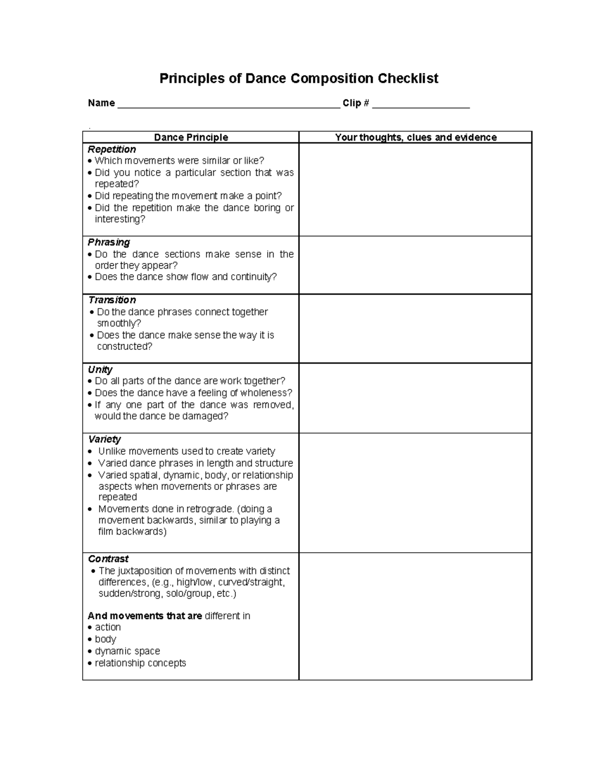 Lecture note pdf week 4 - Principles of Dance Composition Checklist ...