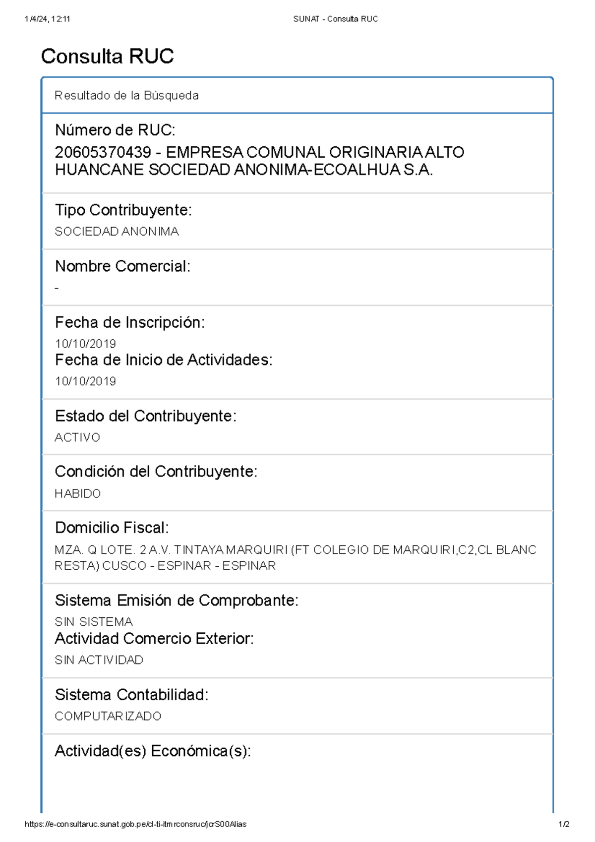 Sunat - Consulta RUC - 1/4/24, 12:11 SUNAT - Consulta RUC - Studocu