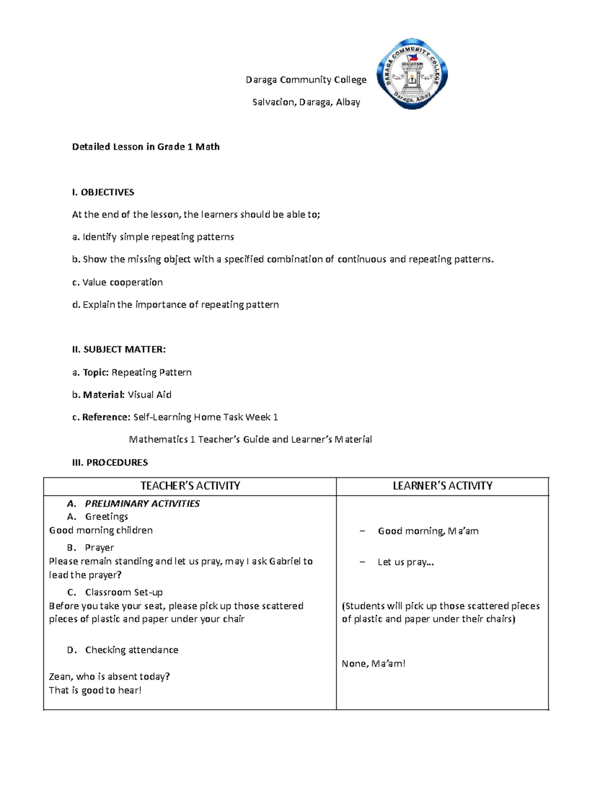 Lesson Plan Math For Merge Daraga Community College Salvacion Daraga Albay Detailed Lesson 