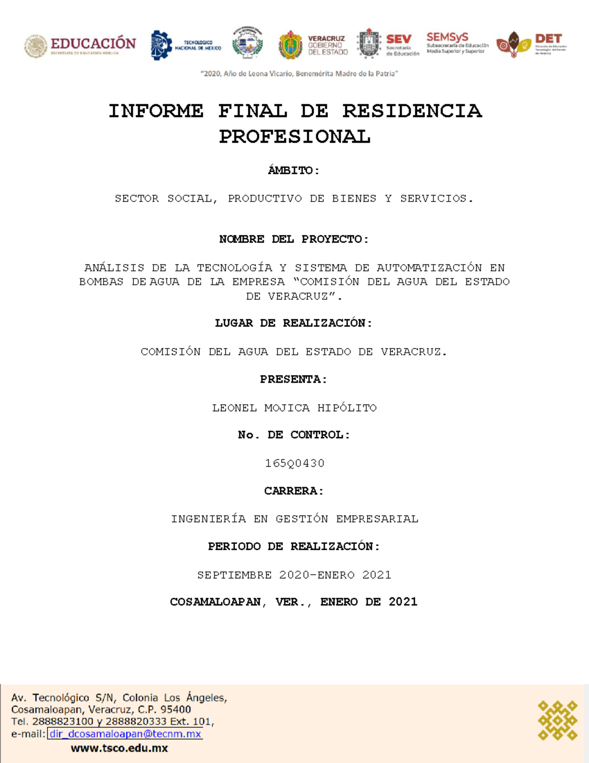 Informe Técnico de Residencias Tec Cosamaloapan - INFORME FINAL DE RESIDENCIA PROFESIONAL ÁMBITO ...