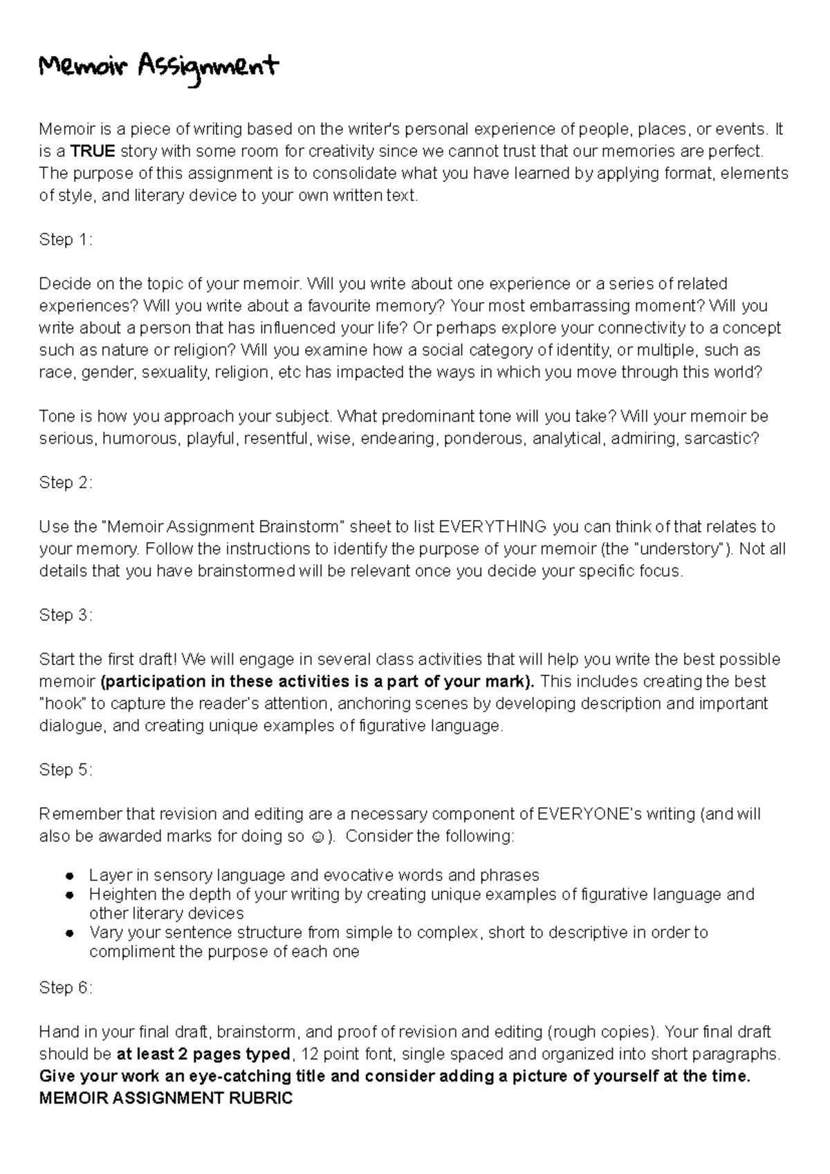 Memoir Assignment - Eng4u1 - NYU - Studocu