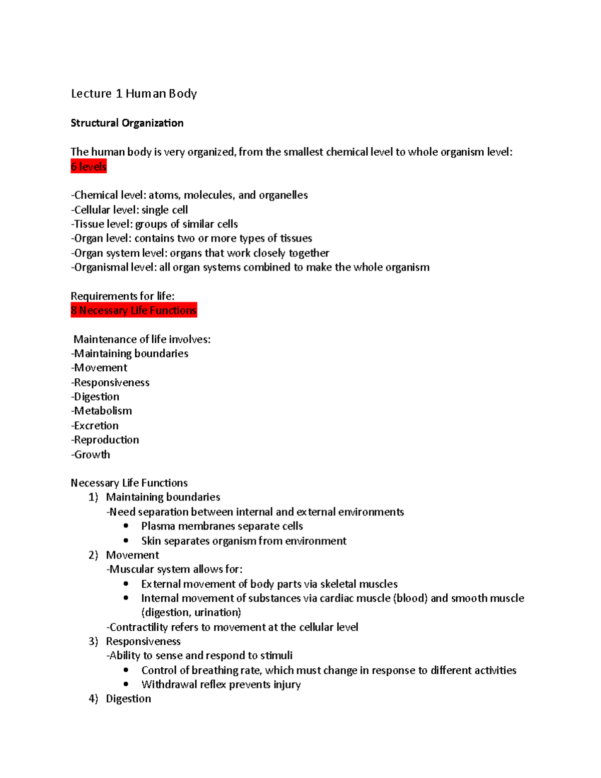 Lectures 1-3 Exam 1 - Lecture 1 Human Body Structural Organization The ...