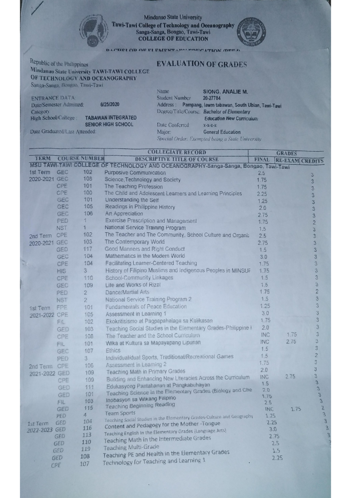 PDF Scanner evaluation grade - Bachelor of Secondary Education - Studocu