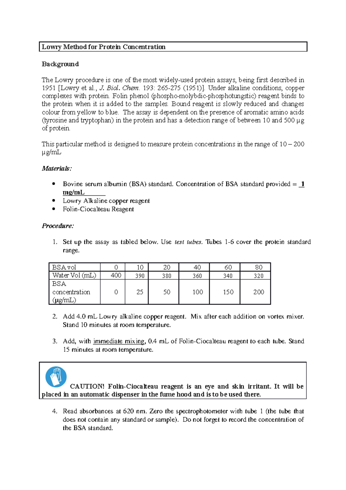 Lowry assay for protein concentration - Lowry Method for Protein ...