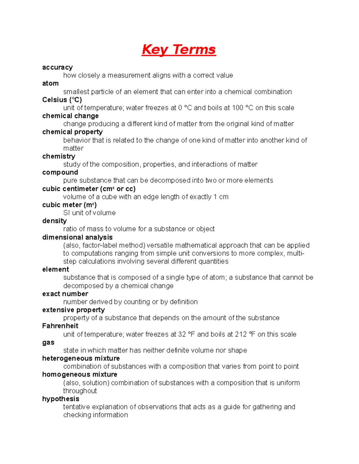 Key Terms chemistry - Key Terms accuracy how closely a measurement ...