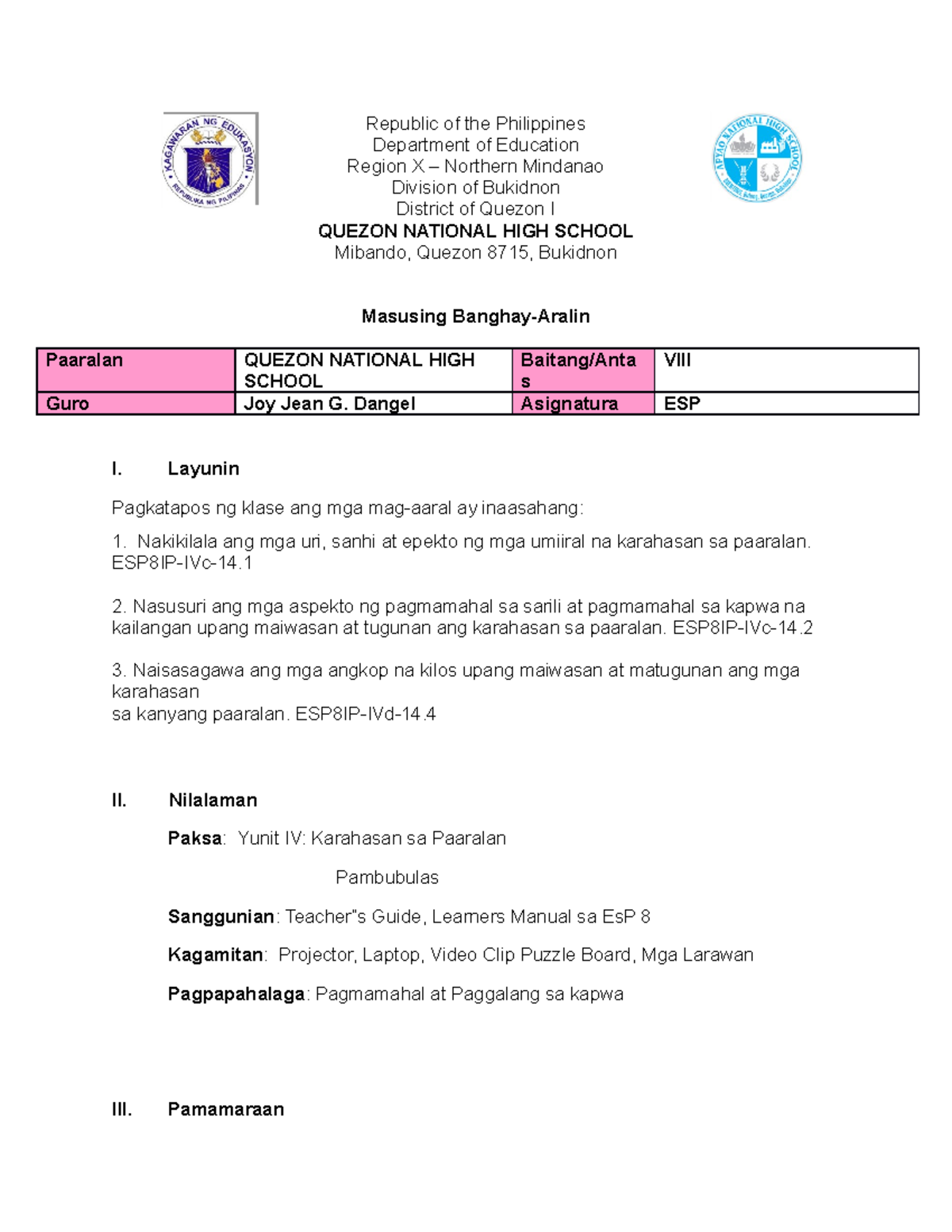 Esp 8 pambubulas lp - Republic of the Philippines Department of Education Region X – Northern ...
