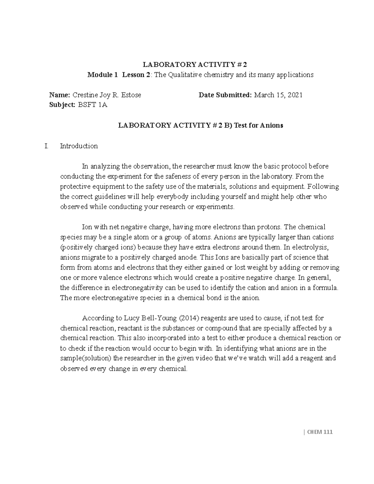 Estose Lab Rep-m Odule 1 Lesson 1-2 (Anions) - LABORATORY ACTIVITY # 2 ...