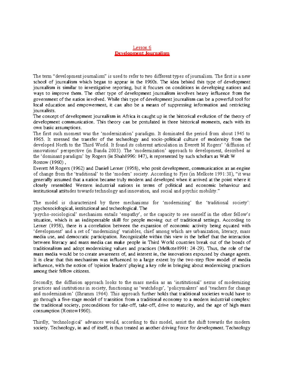 Ch05 Development Journalism - Lesson 6 Development Journalism The term ...