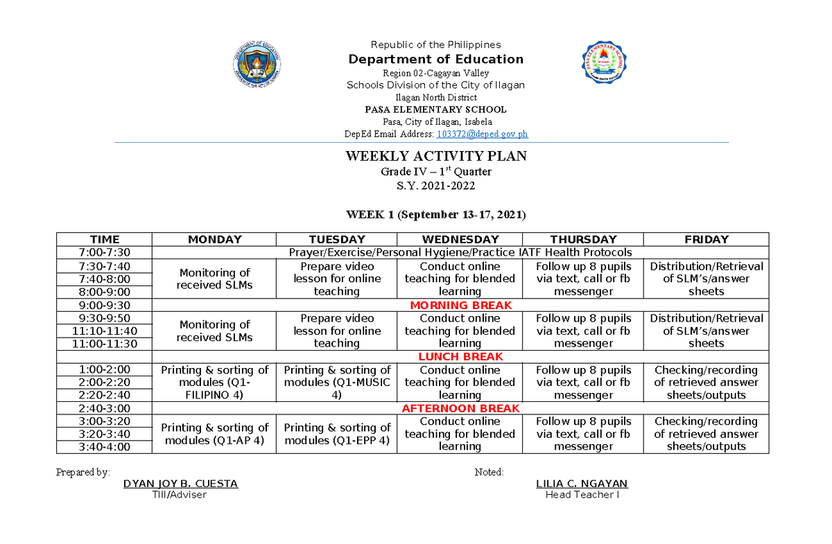 Weekly Activity PLAN-Q1-W1 - Republic of the Philippines Department of ...