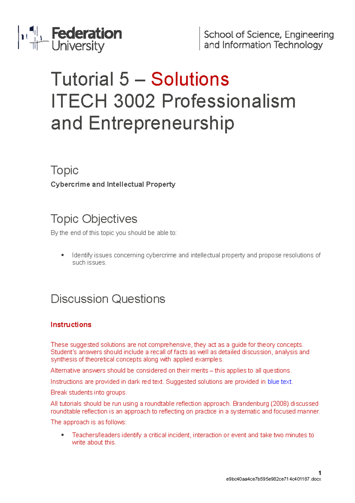 Itech 3002 05 tutorial solutions - Tutorial 5 – Solutions ITECH 3002 ...