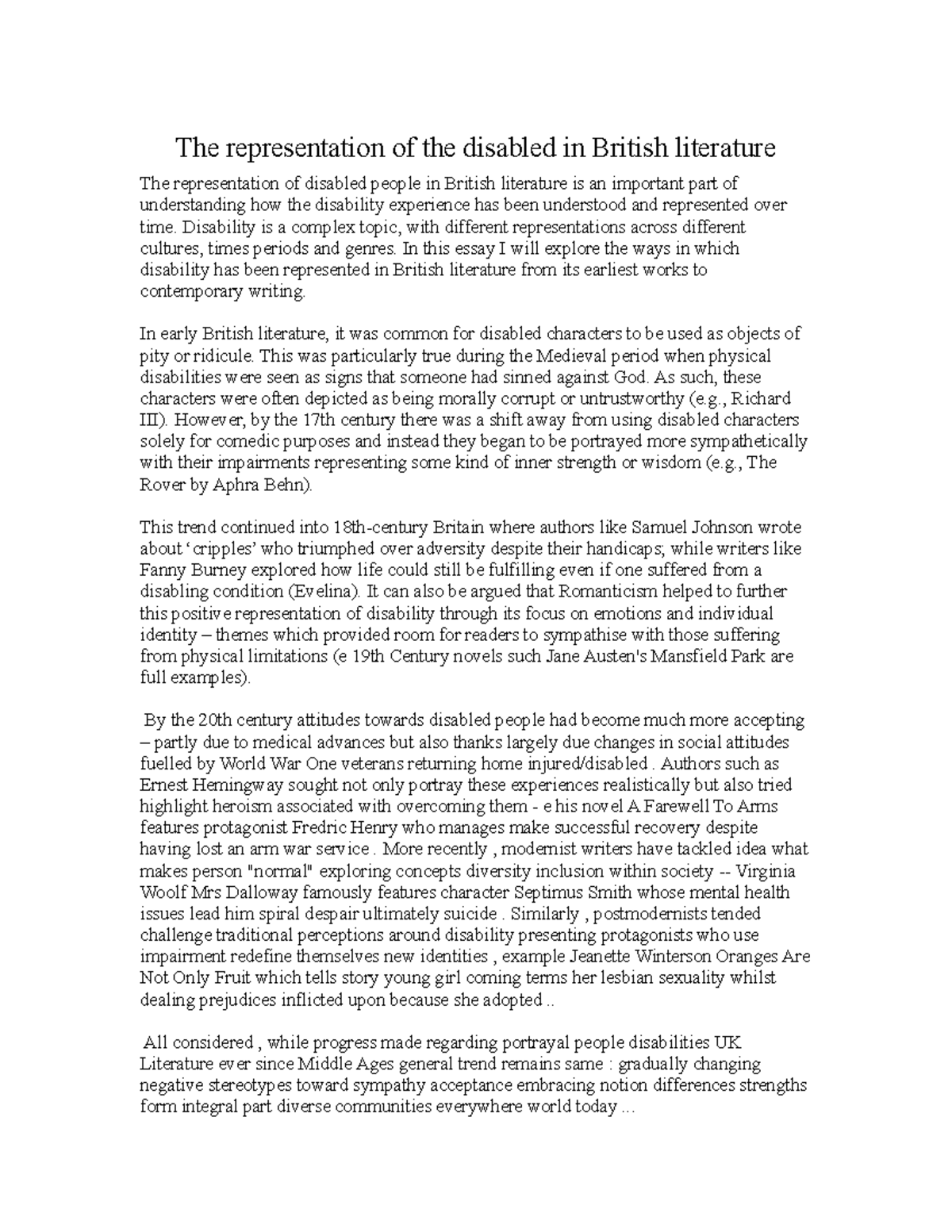 British Literature - Disability is a complex topic, with different ...