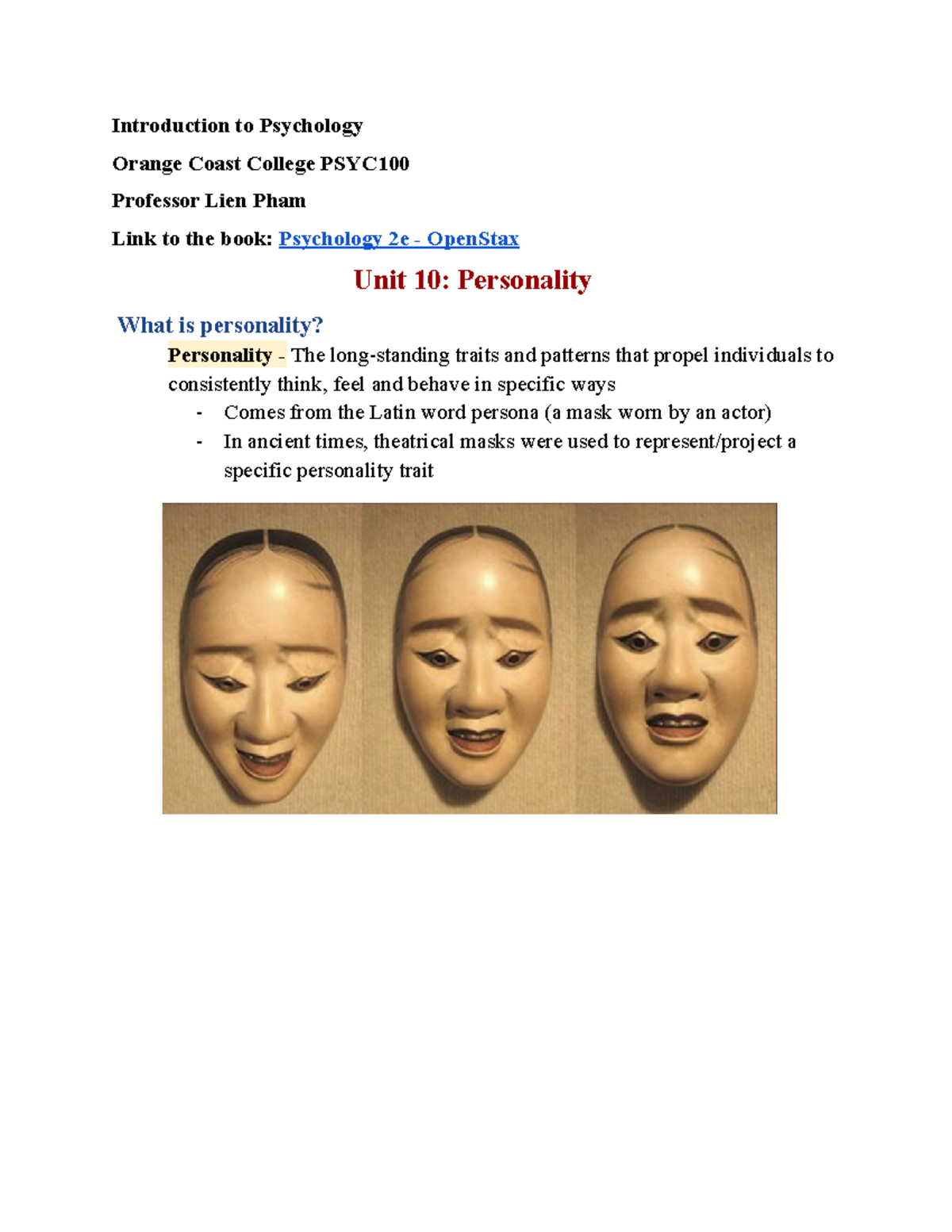 Unit 10 Personality - Introduction to Psychology Orange Coast College ...